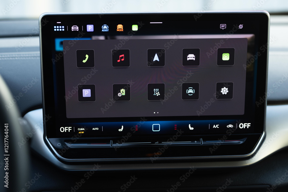 Dashboard display screen with multimedia in a new luxury vehicle. Car ...
