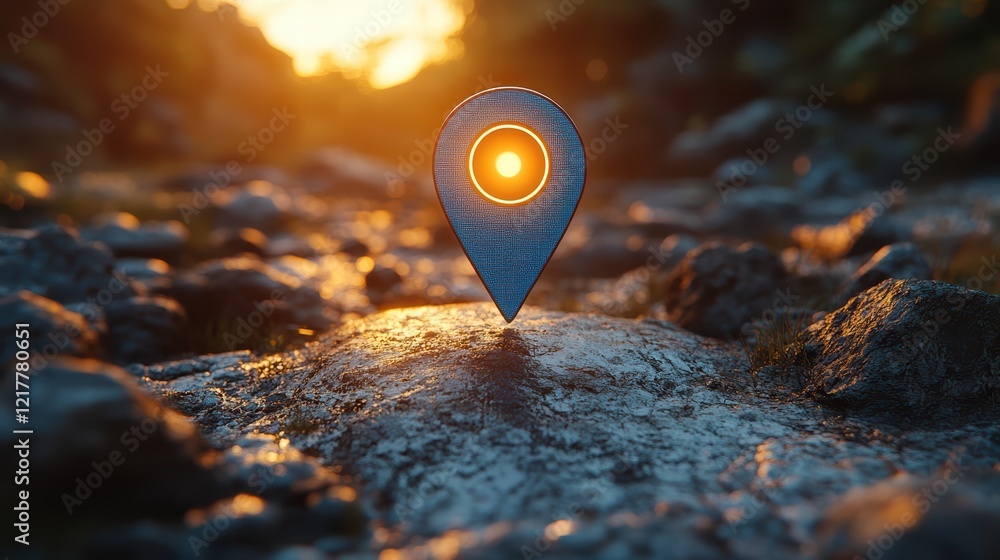 Blue map pin that marks an area on a three-dimensional map with a ...