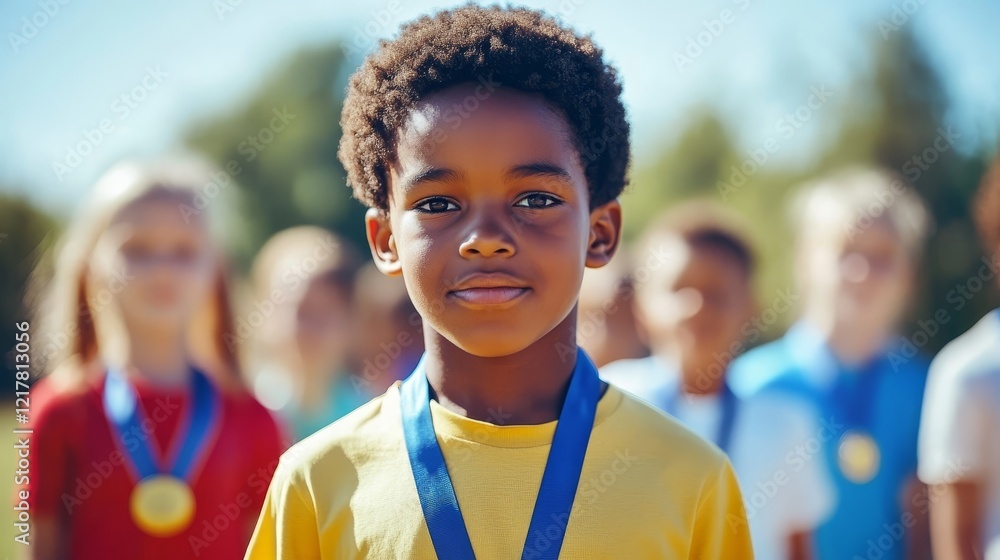 Kids athletes celebrate their gold medals by standing proudly in a row ...