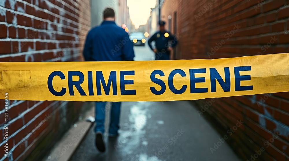 Two law enforcement officers at a crime scene in an urban alley, with ...