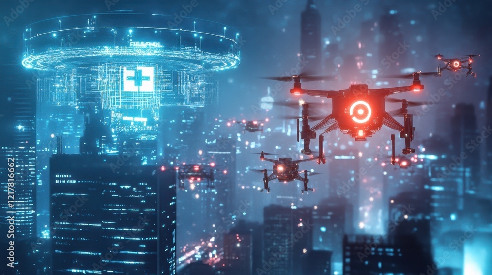 Medical drones delivering first aid supplies over a futuristic city ...