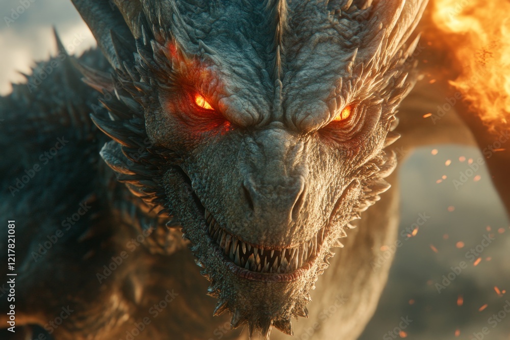A magical scene of an enraged dragon breathing fire into a night sky ...
