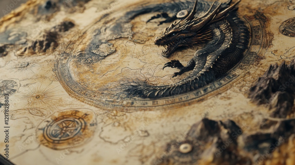 Ilustración de Stock Cartographer designing fantasy map with dragons ...