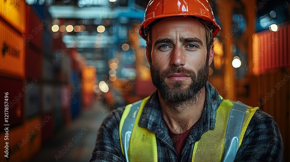 dock worker wearing reflective vest and hard hat oversees loading of ...
