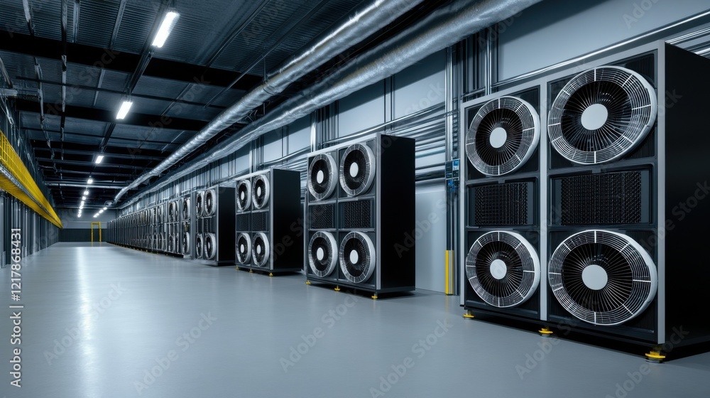 Modern industrial data center featuring multiple rows of large cooling ...