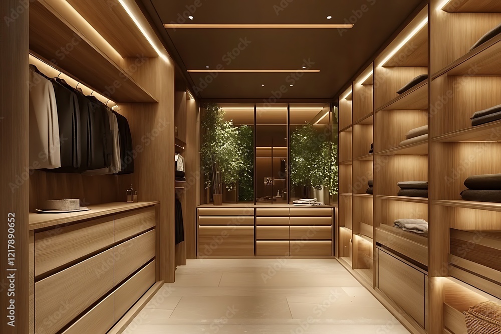 A modern luxury warm wood walk-in closet, featuring minimalist shelving ...