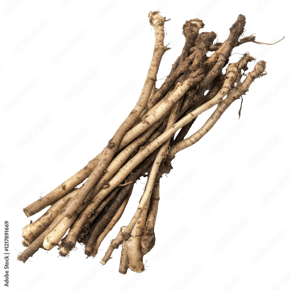 Fresh burdock roots collected from the earth, displayed on a clean ...