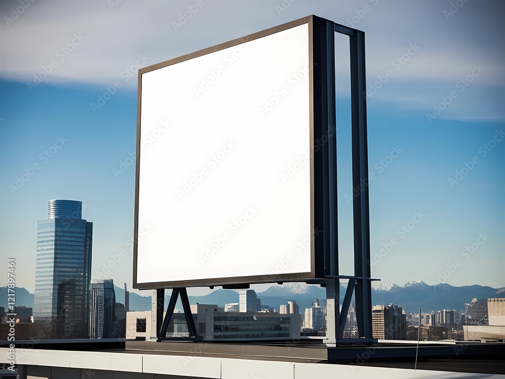 Blank Rectangular Billboard Mockup on a Rooftop with City Skyline and ...