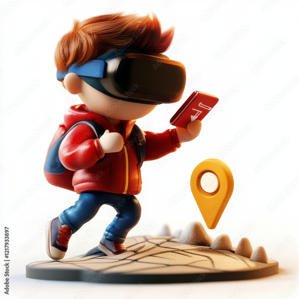 Cartoon character navigating with smart glasses, detailed scene on ...