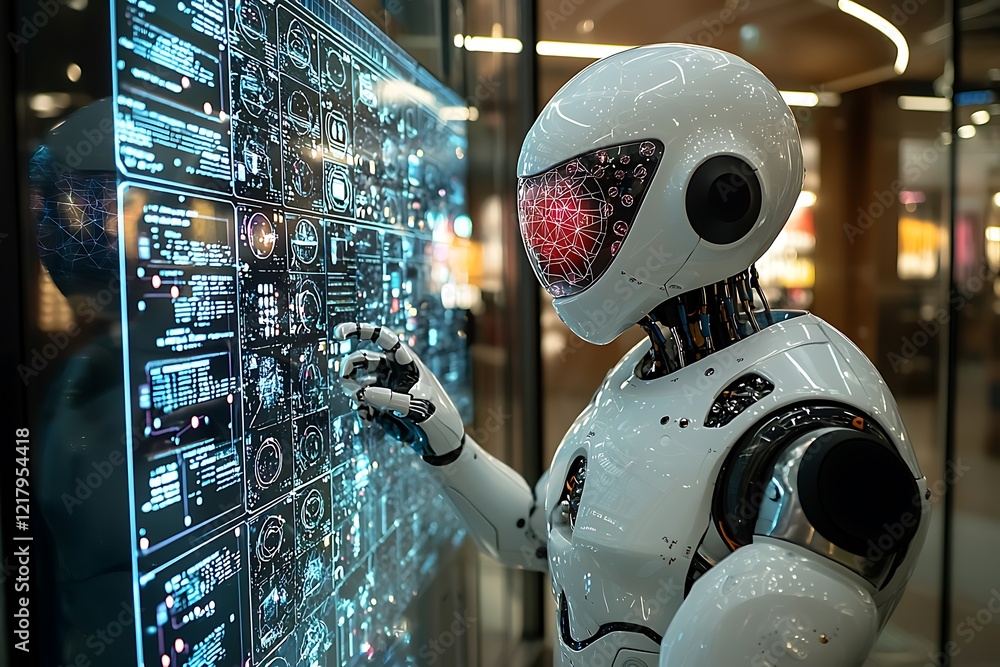 Machine Learning in Action A robot interacts with an AI-powered display, helping to analyze ...