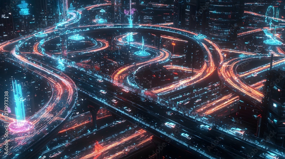 Futuristic smart city design featuring multi lane roads with autonomous ...