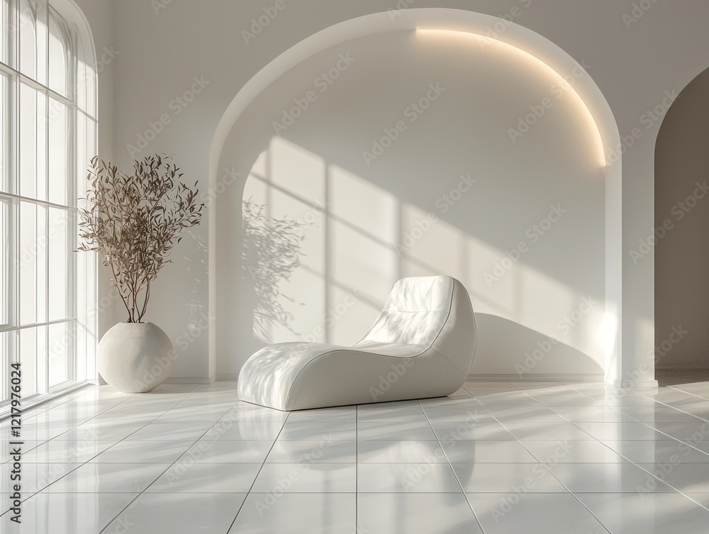 White empty studio room interior with pristine white walls and tiled ...