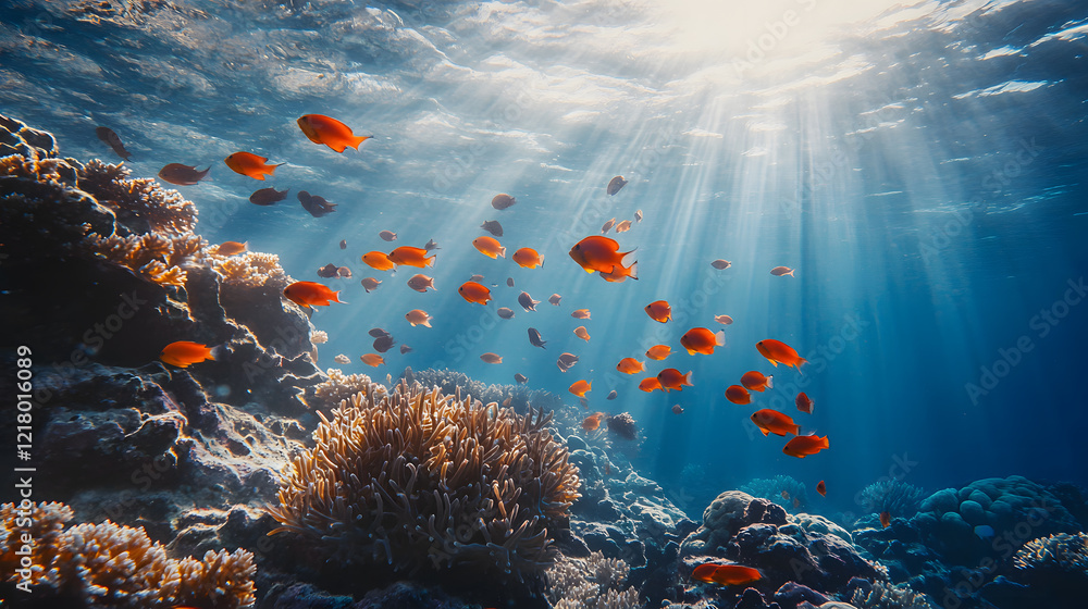 vibrant underwater scene showcases coral reefs and schools of colorful ...