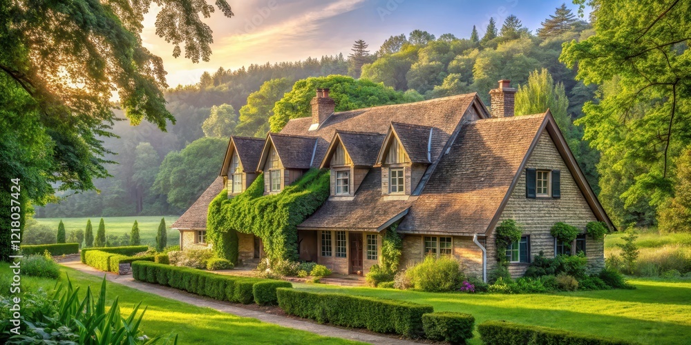 Ilustración de Stock Traditional farmhouse with a steeply pitched gable ...