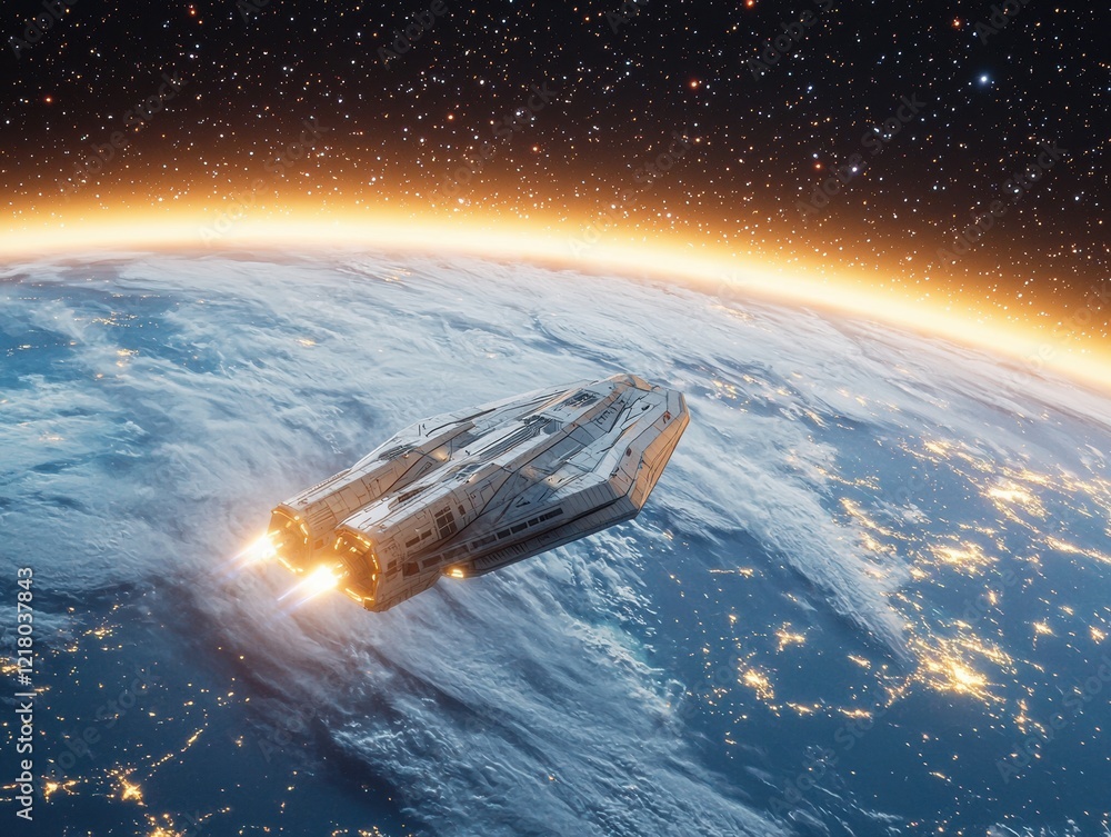 Cinematic departure of a minimalist starship from earth's orbit space ...