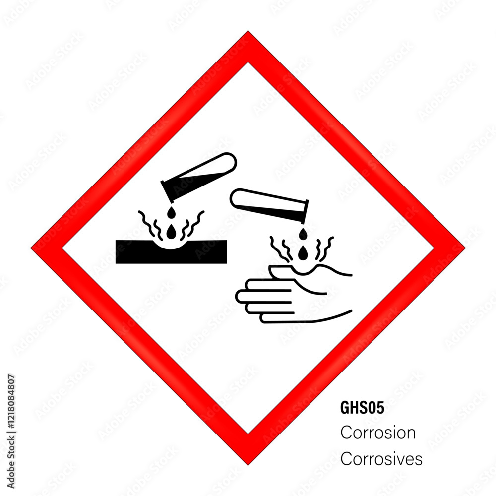 Corrosive warning sign. Globally harmonized system hazard pictograms symbol. Warning symbol GHS ...