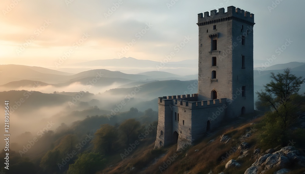 Ultra-realistic image of an ancient fortress tower standing tall on a ...