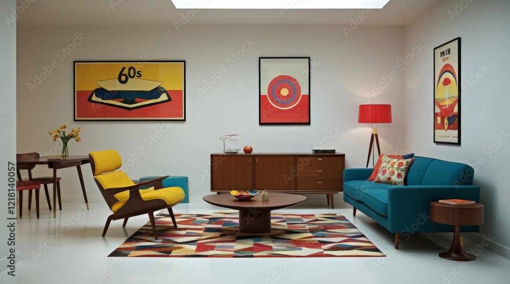 Retro 1960s interior design poster with iconic mid-century furniture ...