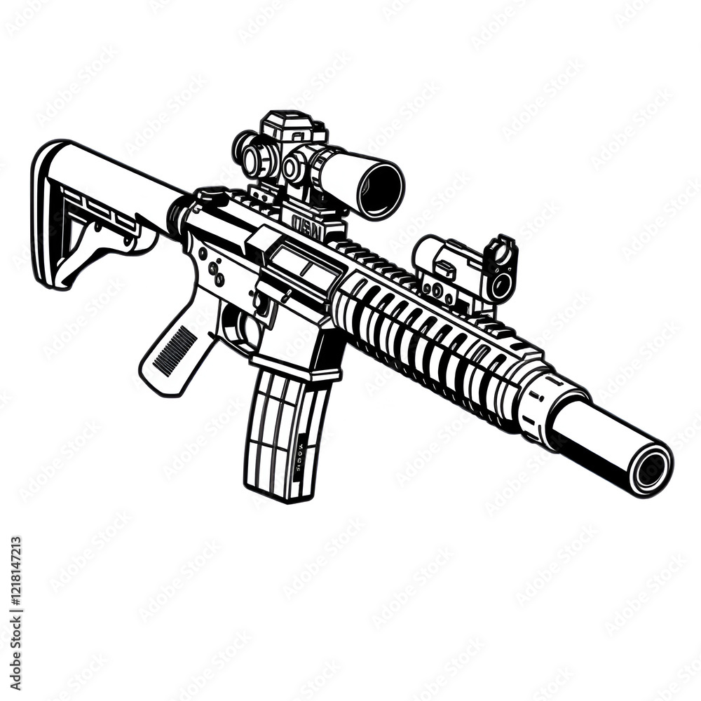 Vector drawing of an popular M4 assault rifle with adjustable stock ...