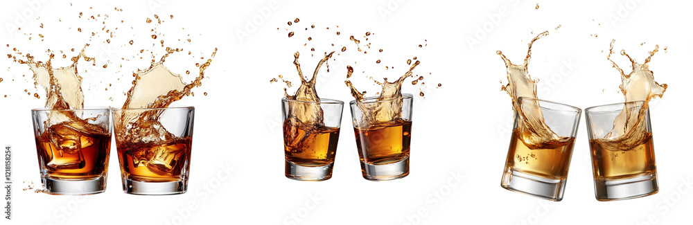 Two shot glasses clinking together with whiskey splashing between them ...