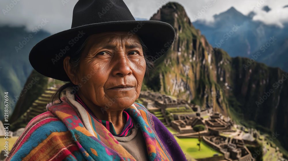 Indigenous quechua woman wearing traditional clothes posing at machu ...