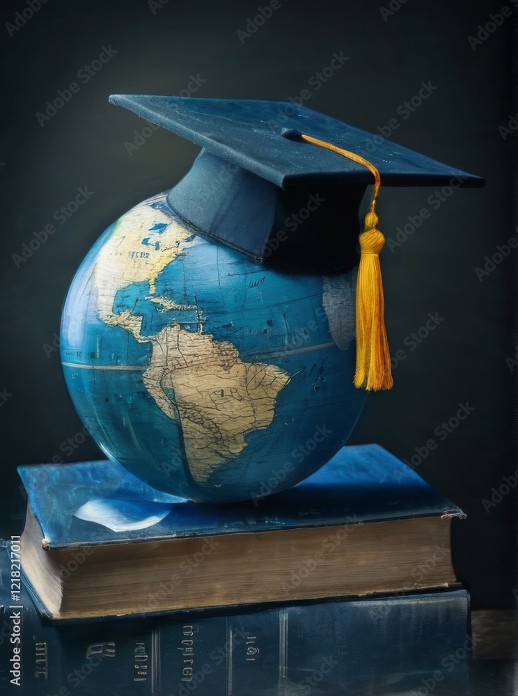 Blue globe with graduation cap on stack of old books. Dark blue ...