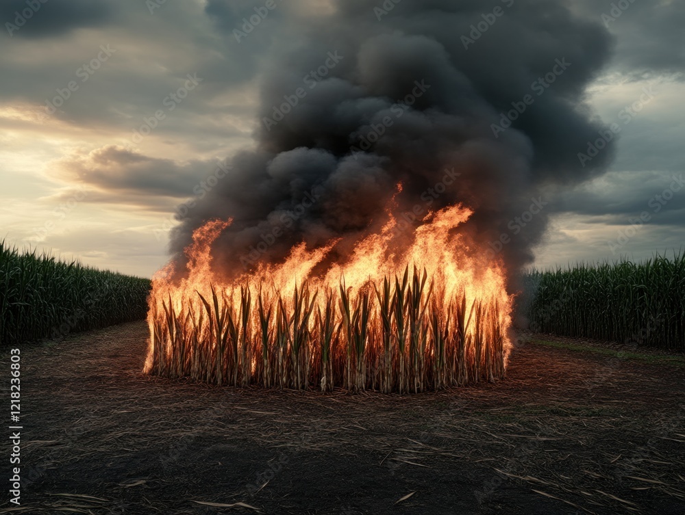 Controlled burn of sugar cane fields agricultural land fire event rural ...