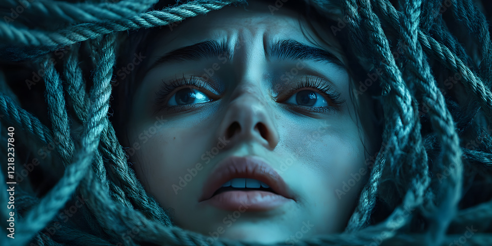 Entrapment and confinement portrayed with tangled rope Stock Photo ...