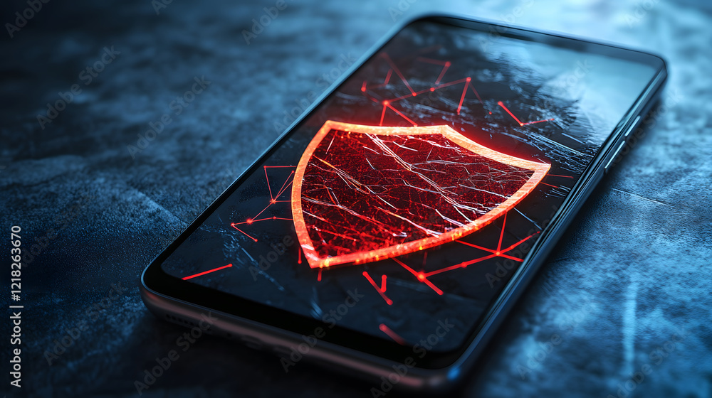 smartphone displays glowing red shield symbolizing cybersecurity ...