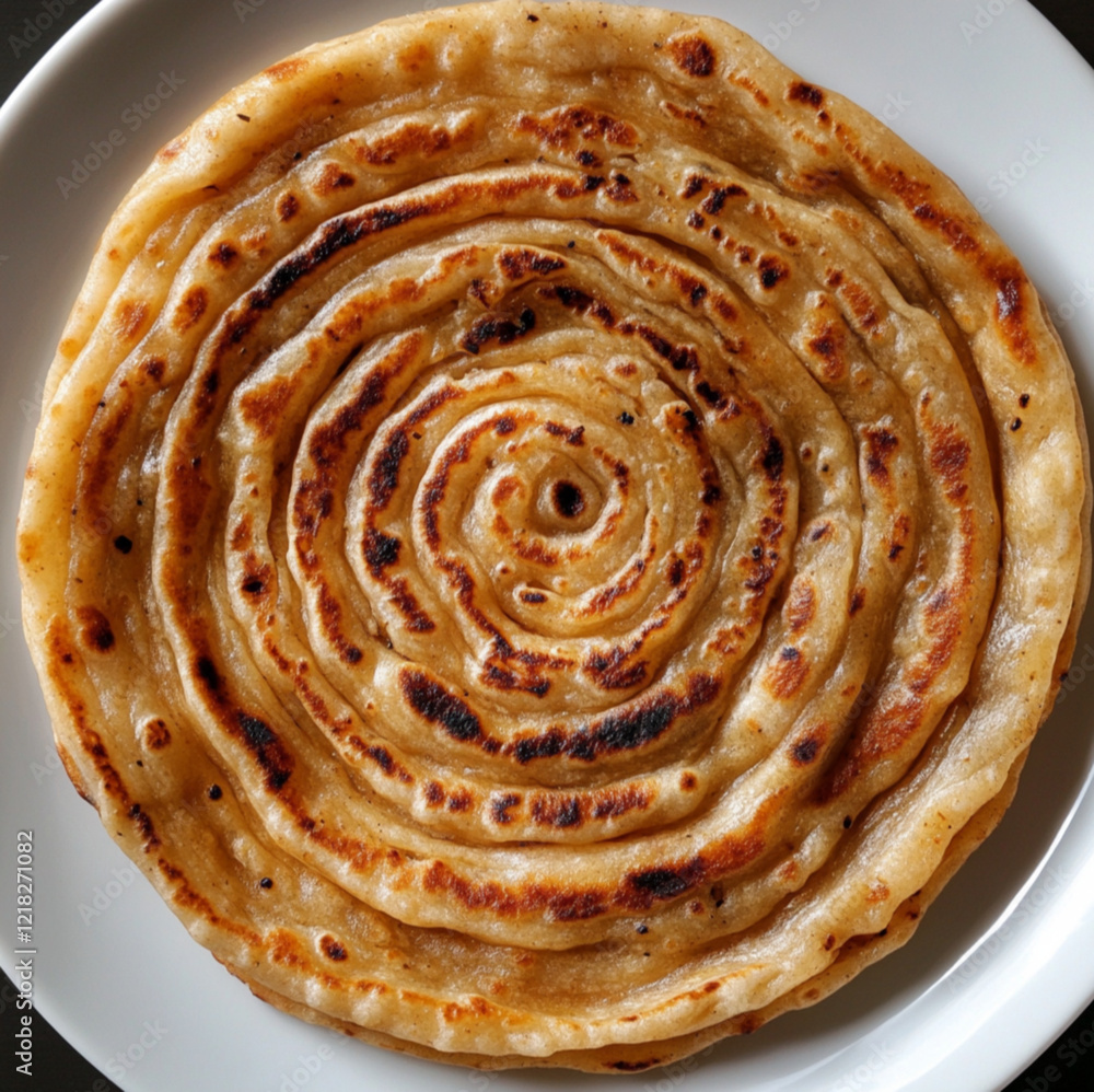 A freshly made whole wheat Lachha Paratha with perfectly crisp, brown ...