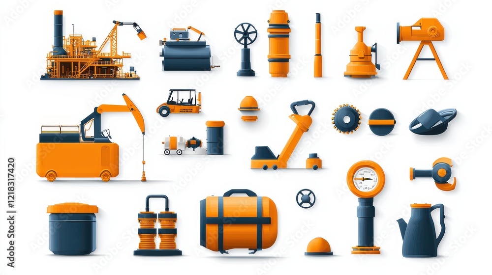 Exploring icons of oil and gas engineering drilling rig and refinery ...