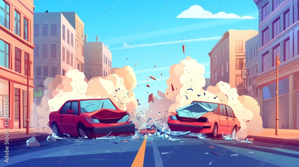 Drive carefully banner with car accident on city street. Vector landing ...