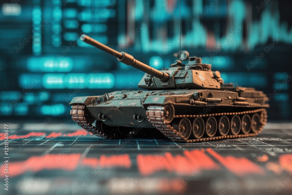 Military tank model on stock market graph. Illustrates geopolitical ...