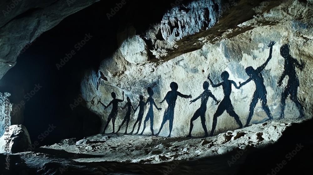 Prehistoric cave with caveman painting on stone walls. Cartoon vector ...