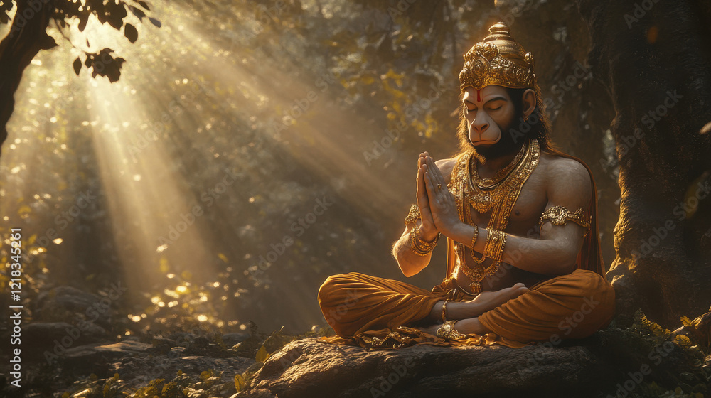 Lord Hanuman sitting in deep meditation, dressed in his traditional ...
