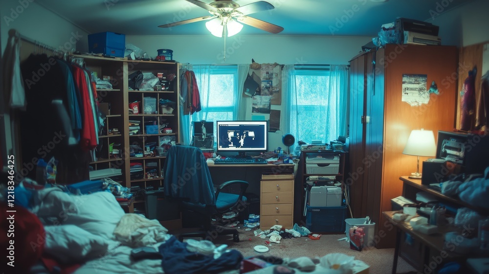 Messy teen boy bedroom furniture set isolated on white background ...