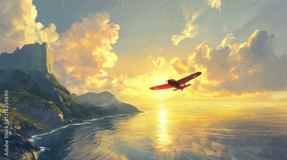 Red plane fly over sea at sunset. Vector parallax background ready for ...