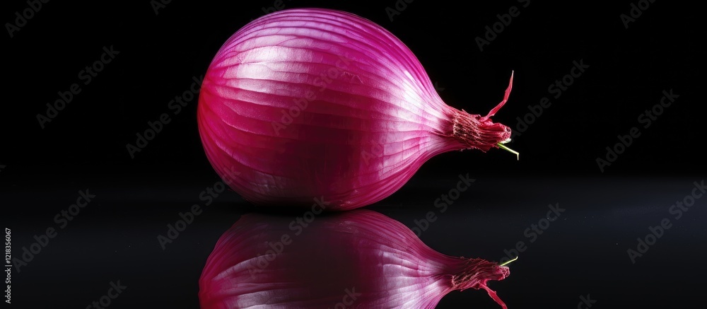 Vibrant red onion with glossy skin positioned centrally against a black ...
