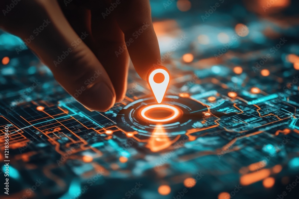 Finger points to glowing location pin on a digital circuit board ...