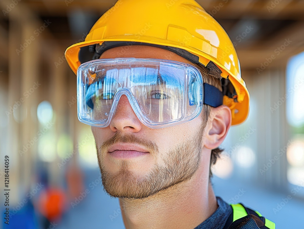 Construction worker wearing safety goggles and hard hat, using power ...