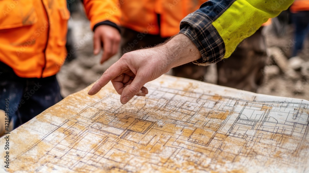 Job Site Safety Leader Emphasizing Protocols on Blueprint, Teamwork ...