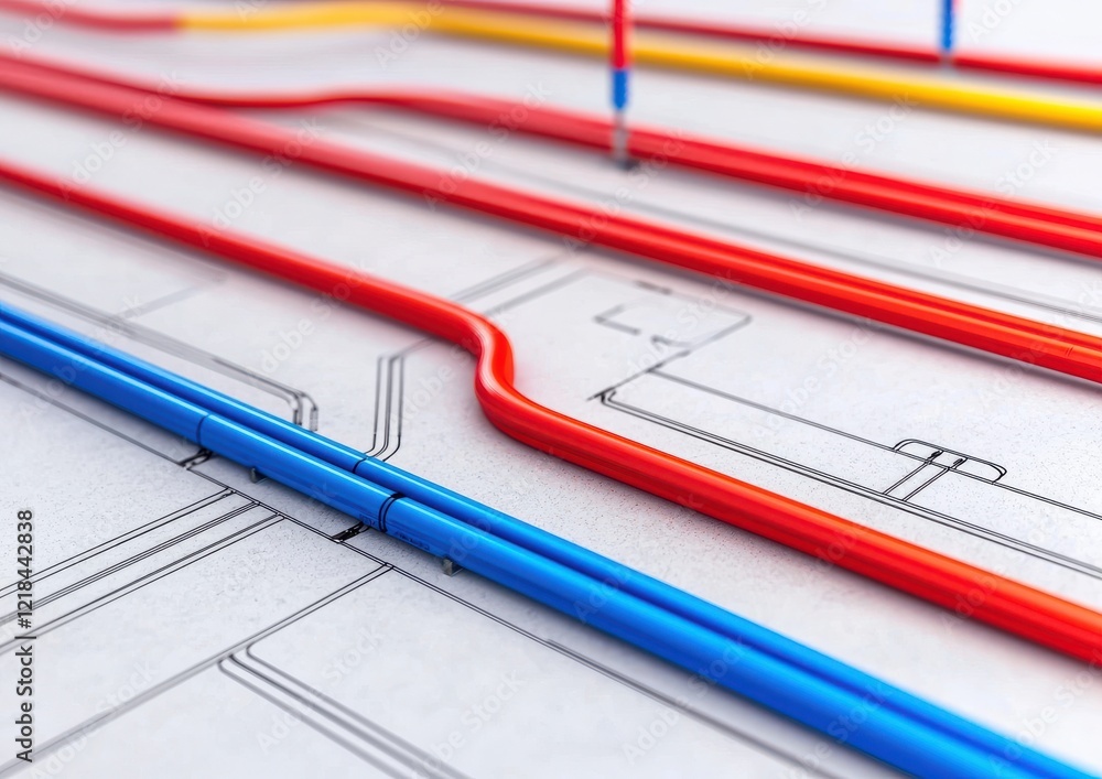 Colorful pipes overlay a technical blueprint, illustrating a complex ...