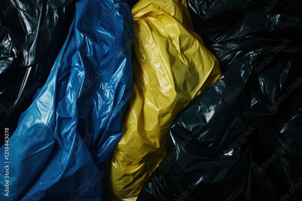 Plastic bags in blue, yellow, and black textures showcasing ...