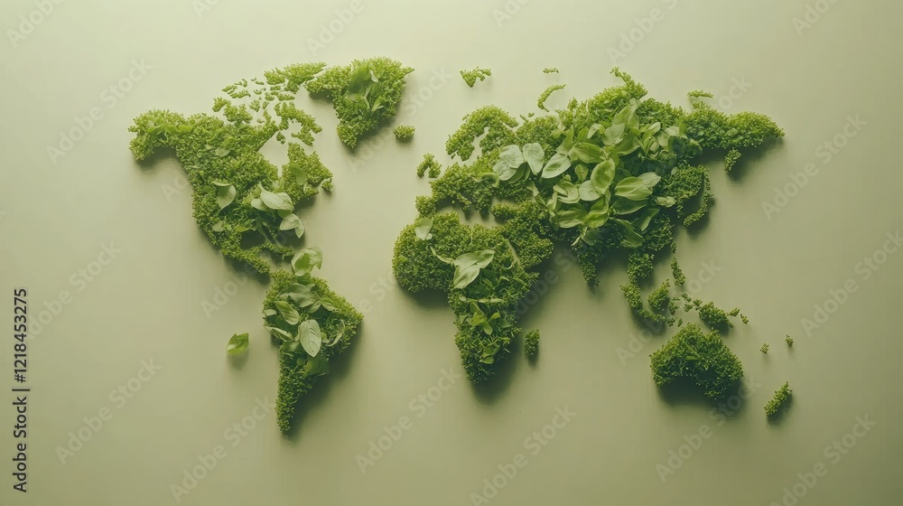 Eco-friendly world map made of green plants, emphasizing sustainability ...