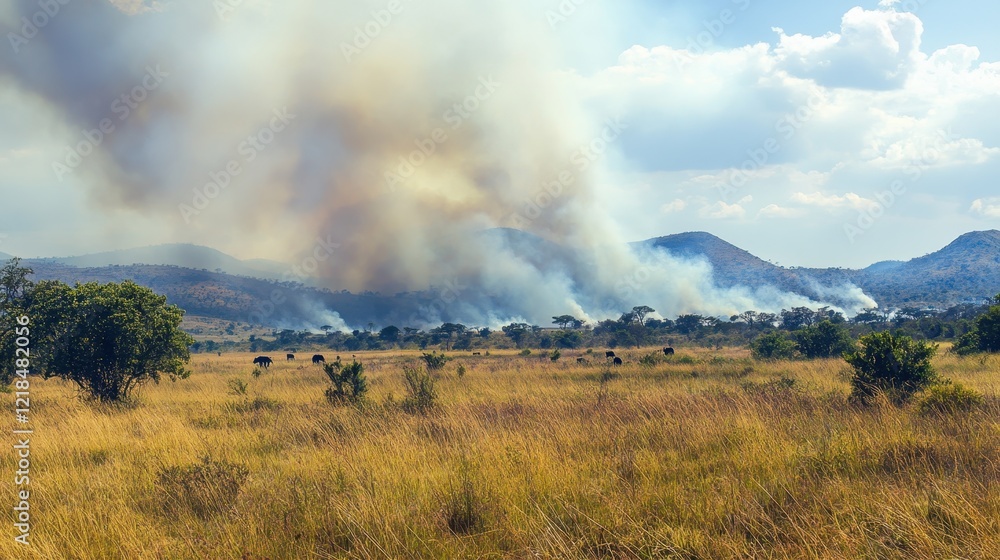 Savannah Fire: Smoke billows across a vast African savanna, casting a ...