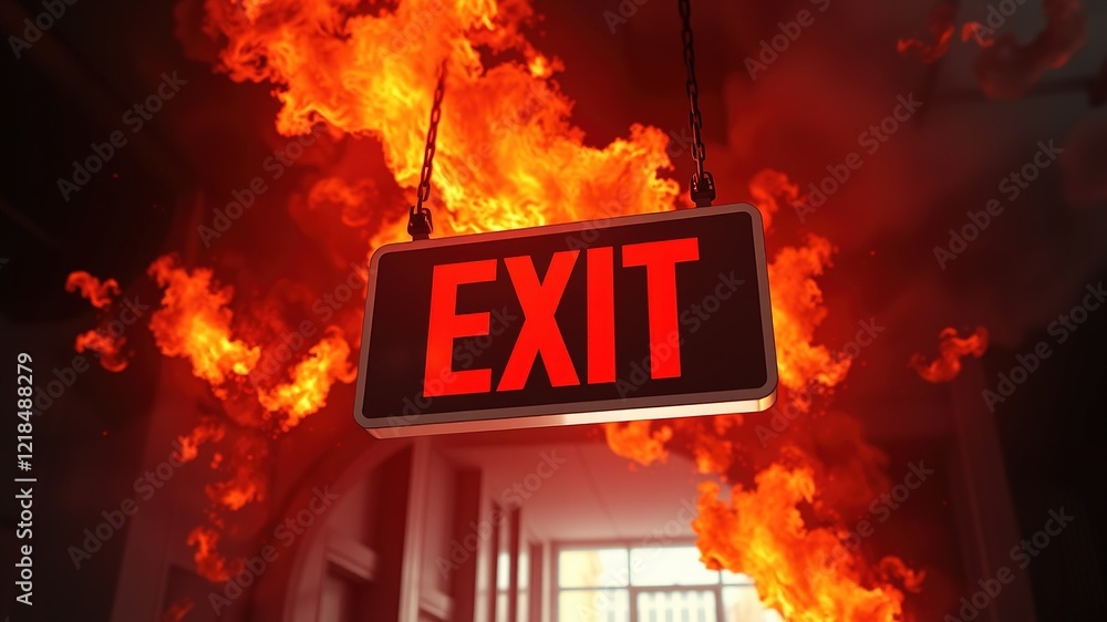 Emergency Exit Sign - Fire in Building - Dramatic AI Art Stock ...