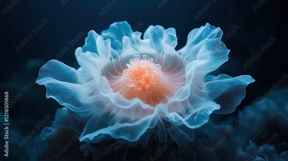 A close-up of a glowing plankton in deep blue ocean waters, creating an ...