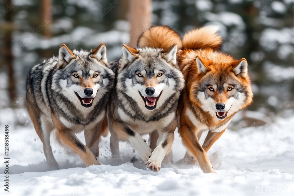 Dynamic wolf pack running through snowy forest wildlife photography ...