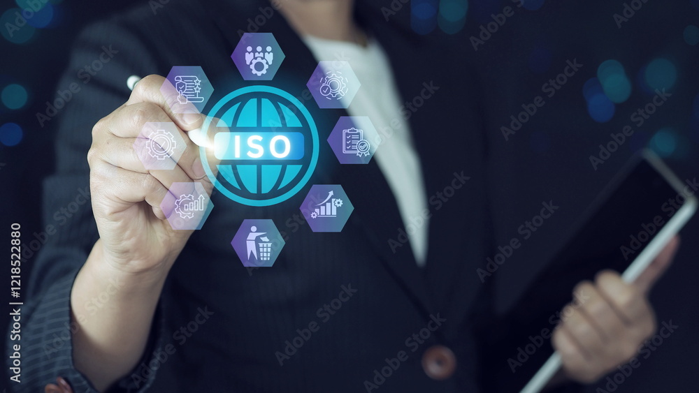 Businessman using smartphone to choose ISO 9001 on virtual screen. QMS ...