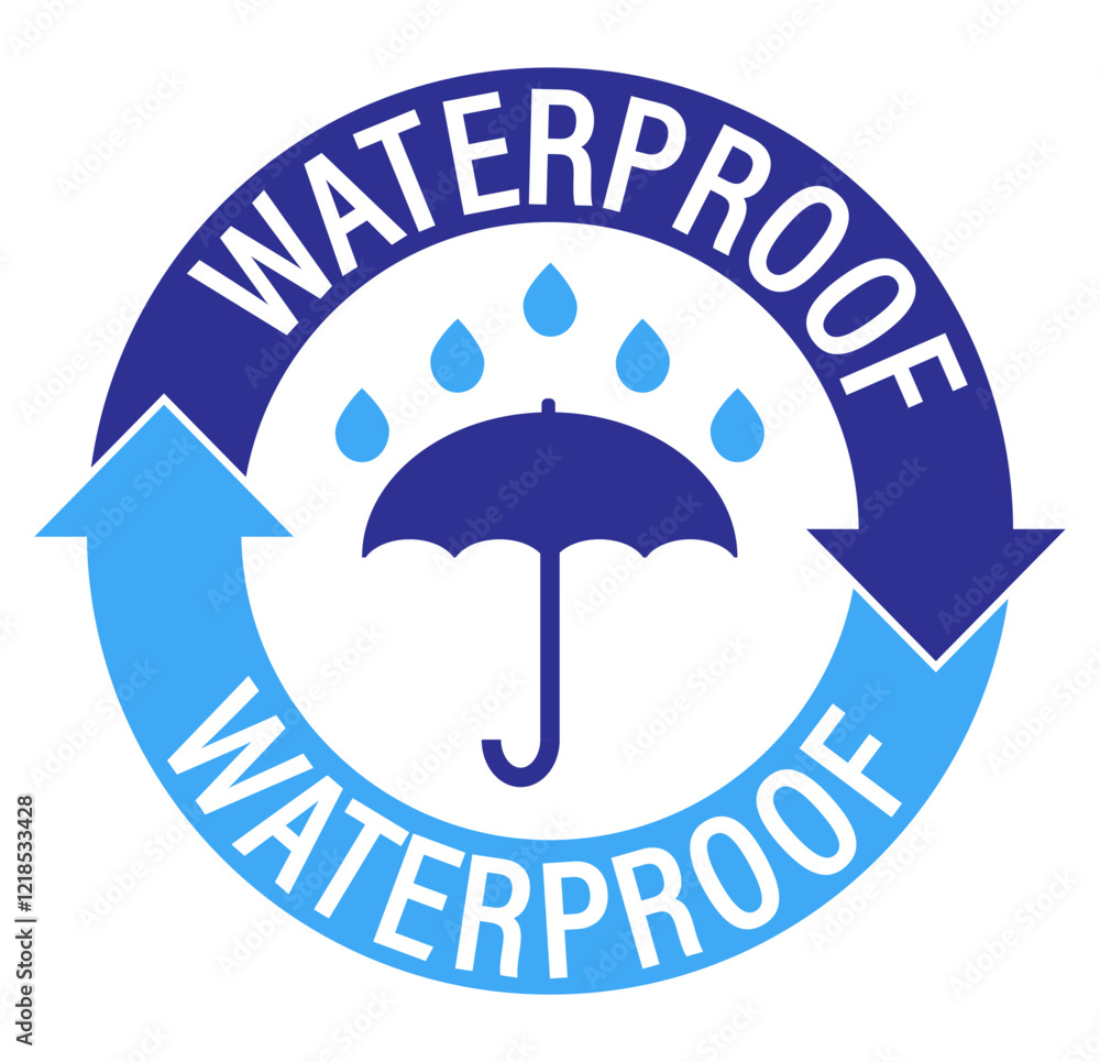 Waterproof label sign with the silhouette of umbrella and rain drops in ...